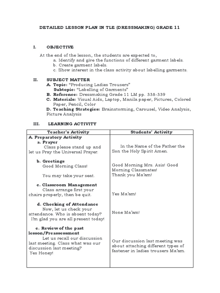 DETAILED LESSON PLAN IN TLE For COT | PDF | Lesson Plan | Clothing