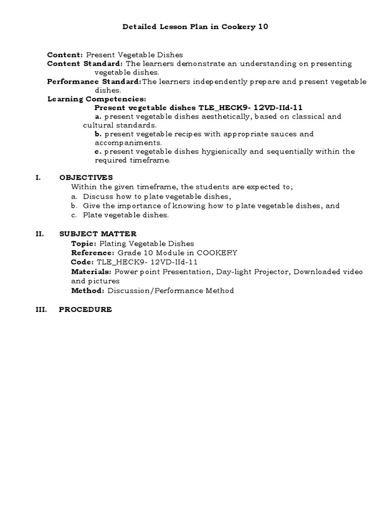 Grade 10 Cookery: Plating Vegetables | PDF | Lesson Plan | Learning