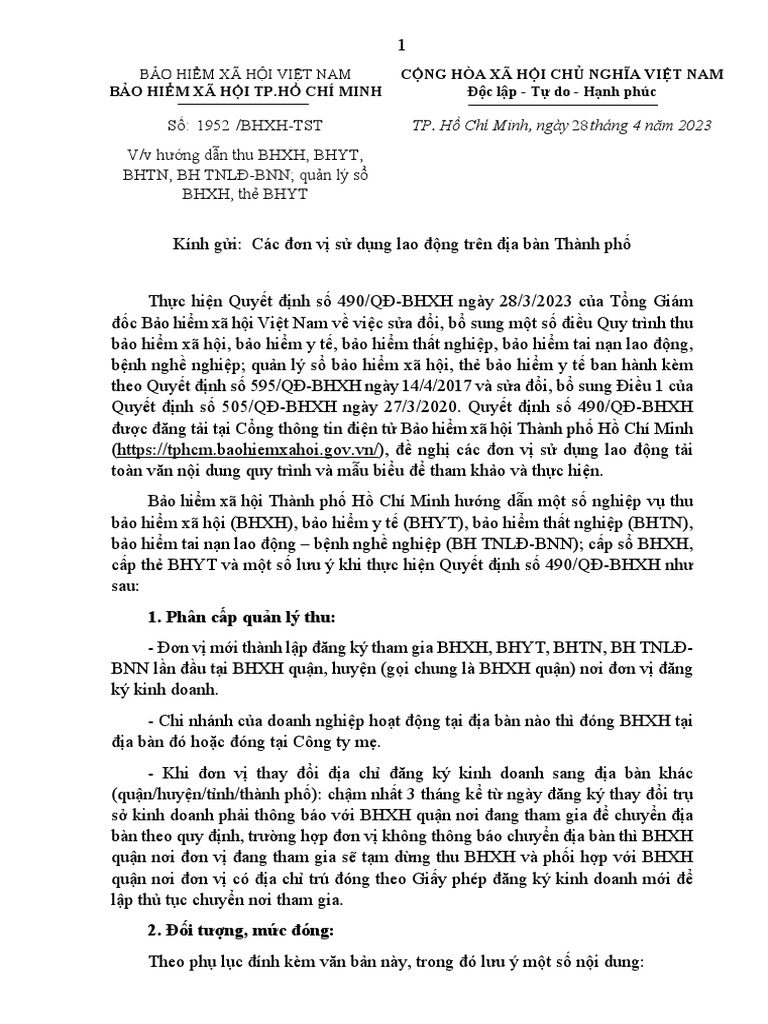 1952-Bhxh-Tst-Huong Dan Thu BHXH Bhyt BHTN BHTNLD-BNN Quan Ly BHXH The Bhyt QD - 490 | PDF