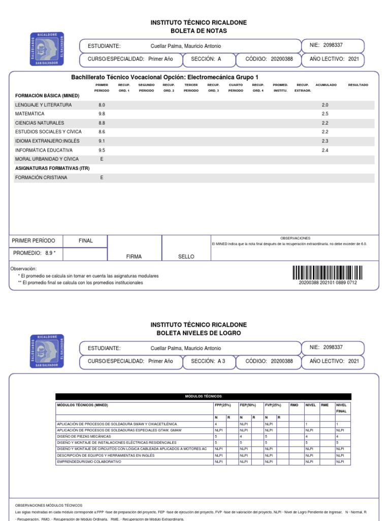 Instituto Técnico Ricaldone Boleta de Notas: Estudiante: Cuellar Palma ...