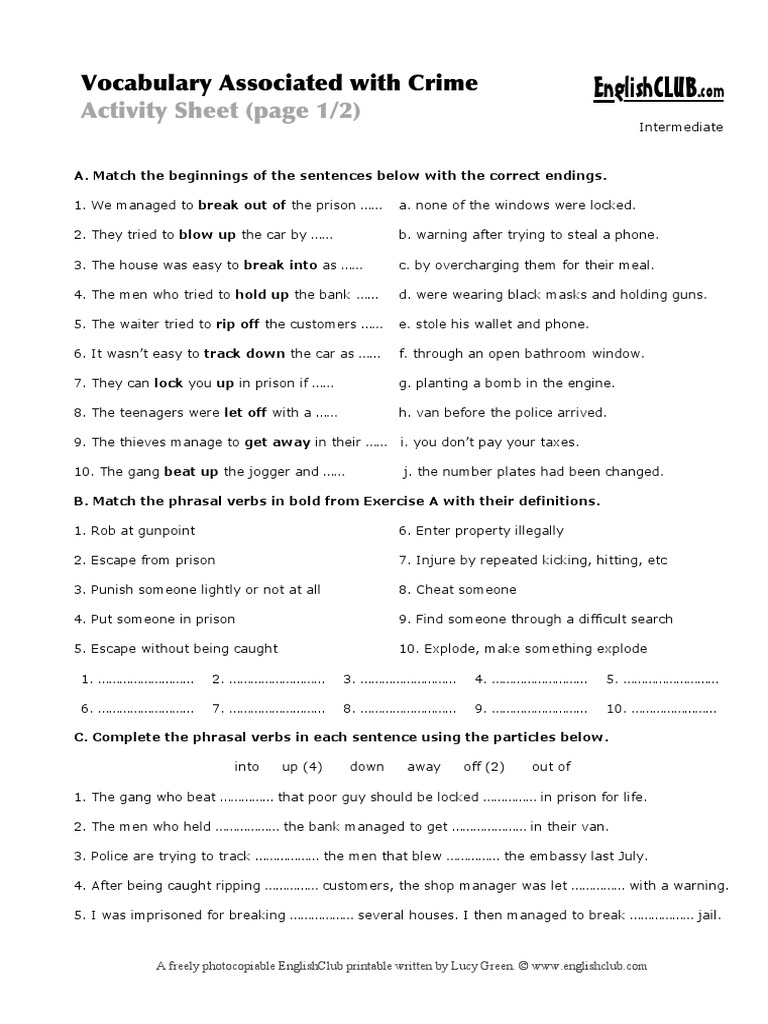 Crime Vocabulary Activity | PDF | Crimes | Crime & Violence