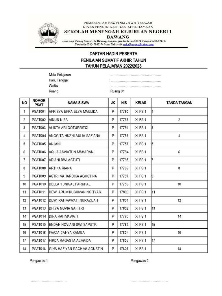 Daftar Hadir Kelas Xi Pdf