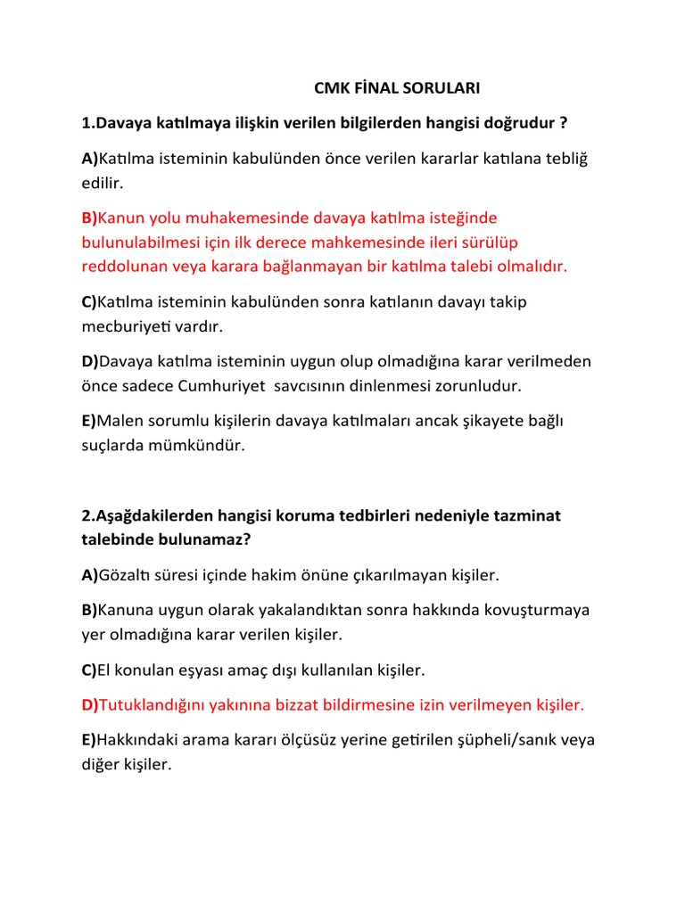 CMK Fi̇nal Sorulari Ve Cevaplari | PDF