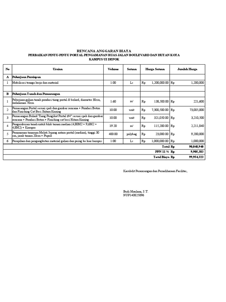 Anggaran Perbaikan Portal UI | PDF