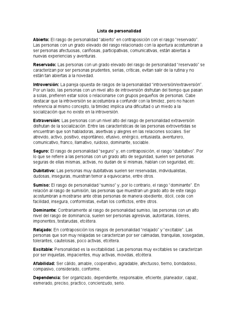 Lista de Personalidades | PDF | Relaciones personales, crianza y ...