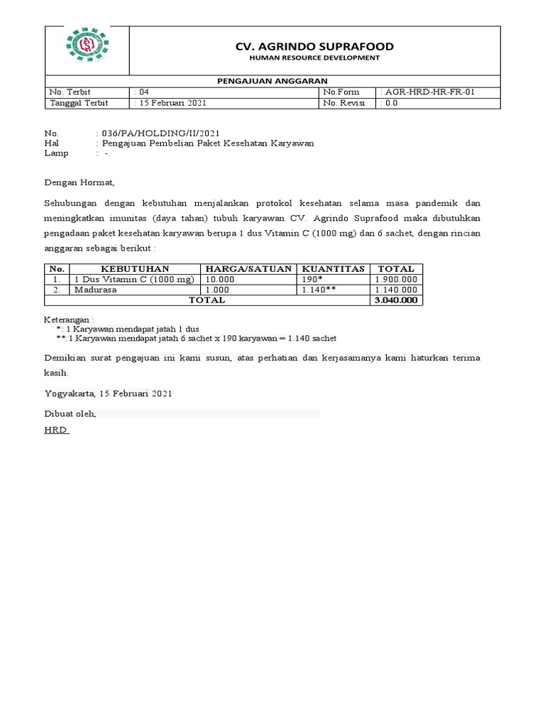 Pengajuan Anggaran Vitamin C Utk Karyawan Periode Februari 2021 | PDF
