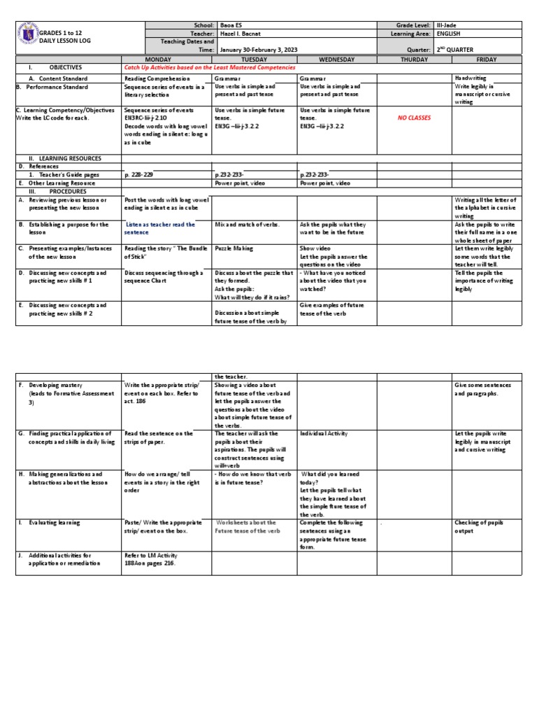 DLL - ENGLISH 3 - Catch Up Activity | PDF | Grammatical Tense | Verb