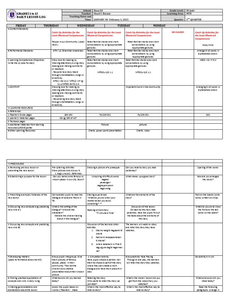 DLL - MTB 3 - Q2 - Catch Up Activity | PDF | Learning | Teaching