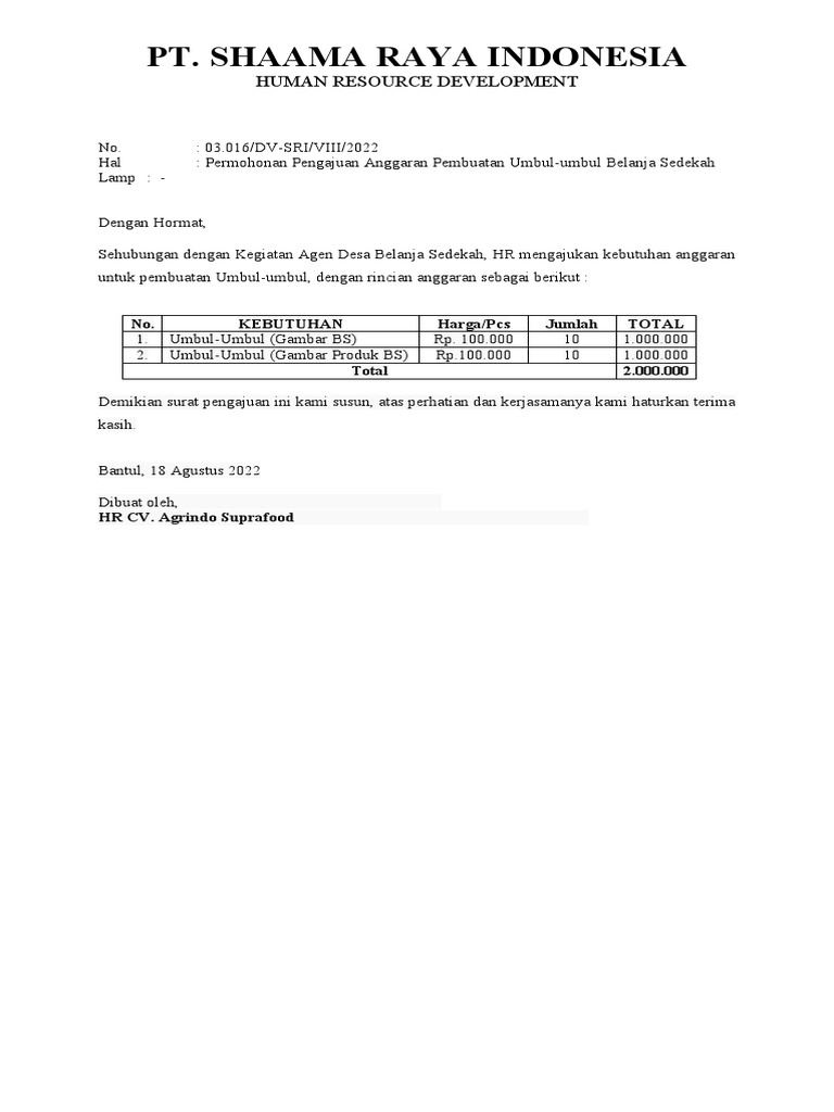Format Surat Pengajuan Anggaran Umbul-Umbul Belanja Sedekah | PDF