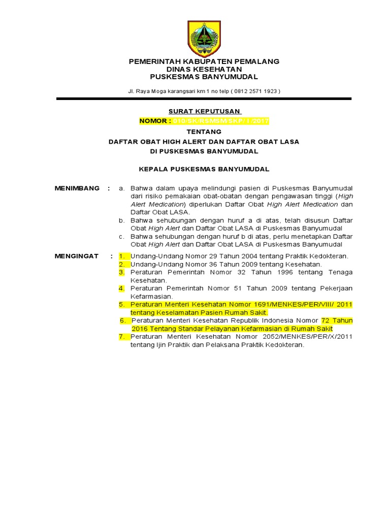 SK Daftar Obat High Alert Dan LASA | PDF