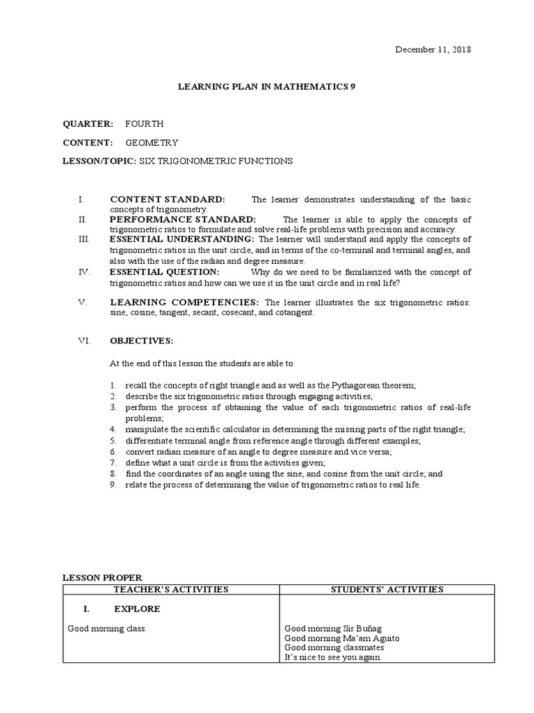 LP in MATH 9-Progressive Detailed | PDF | Trigonometric Functions ...