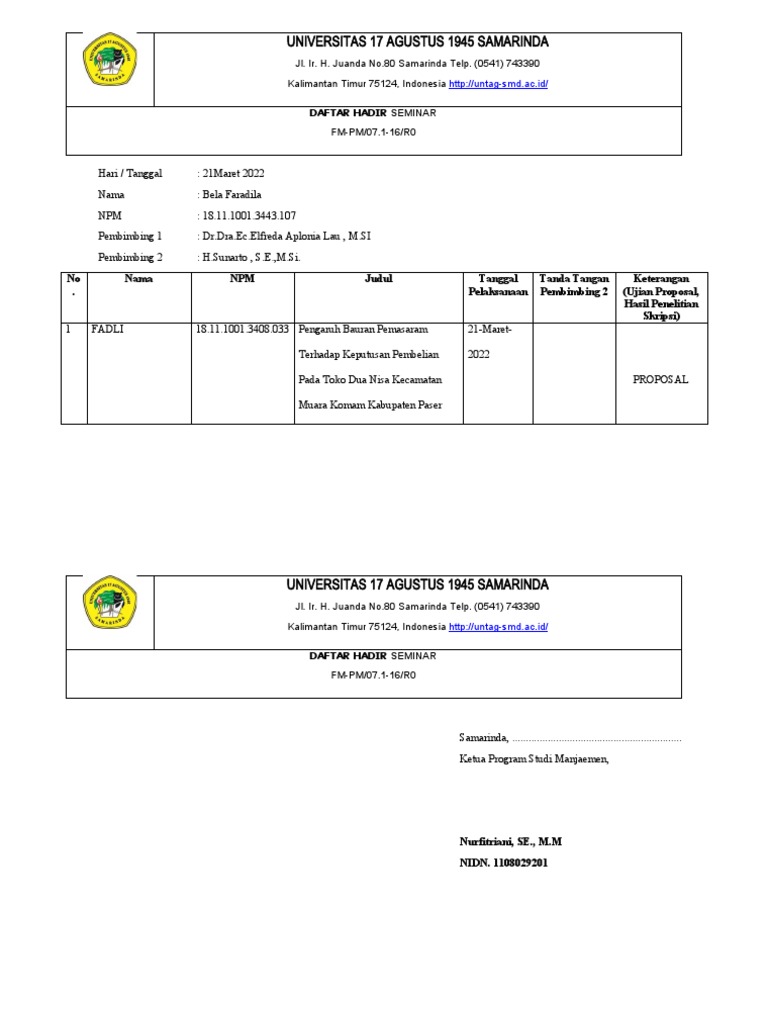 Formulir Kehadiran Mahasiswa Di Acara Seminar Orang Lain Sebagai Audience (1) BELA | PDF