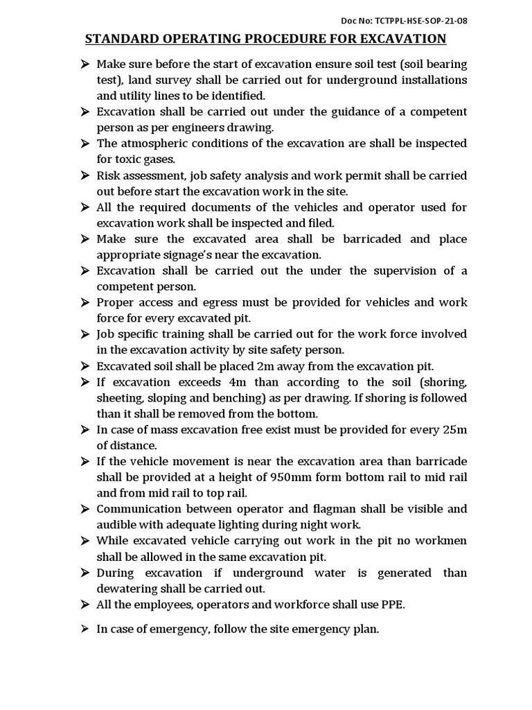 SOP for Excavation (1) | PDF