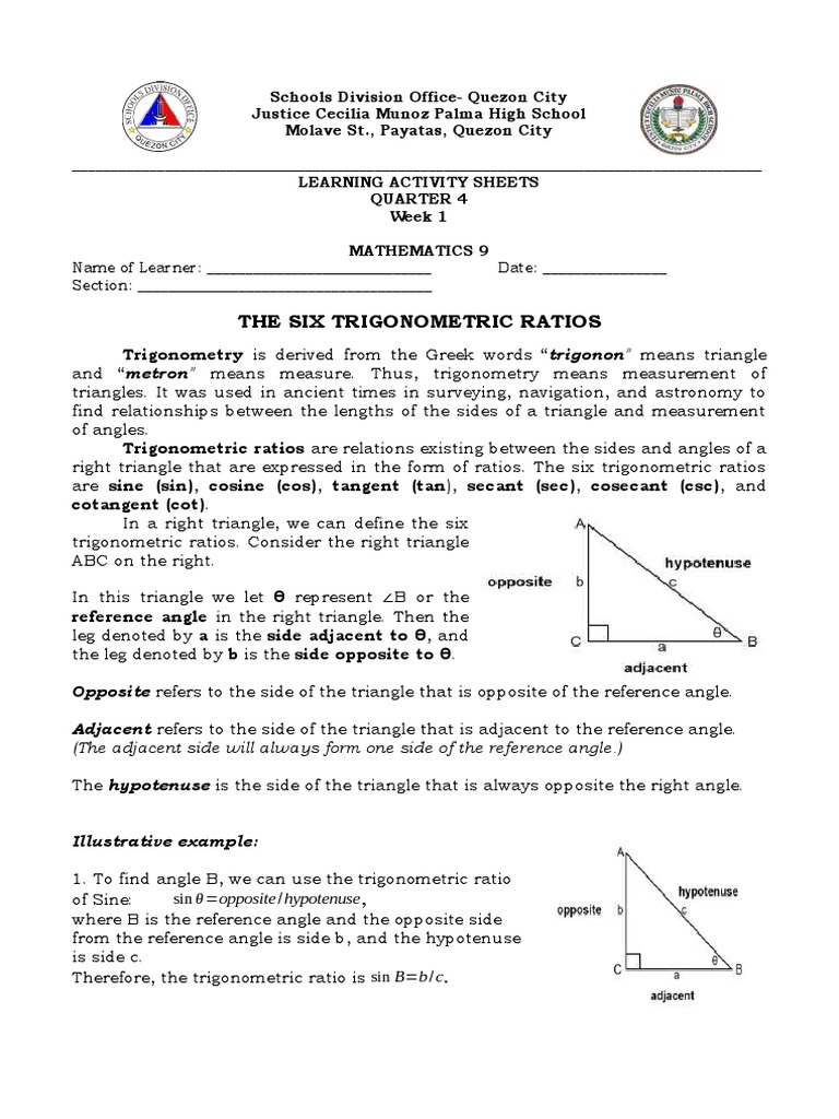 JCMPHS Sy2023 Las Math9 Q4W1 Trigonometric Ratios | PDF | Trigonometric ...