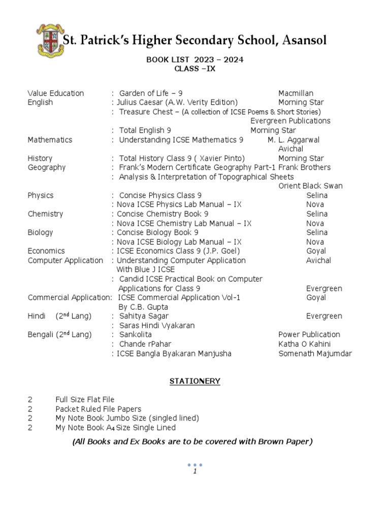 SPS Book List 2023 - 24 Class - IX | PDF | Science | Natural Sciences
