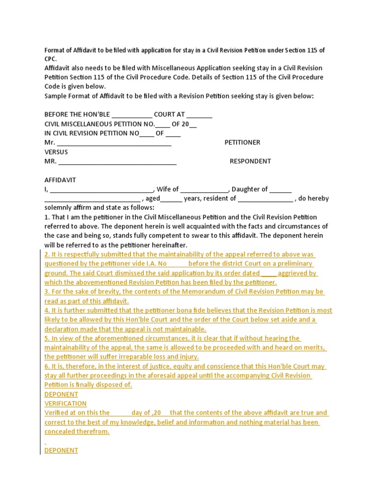 Affidavit For Stay in A Civil Revision Petition Under Section 115 of CPC | PDF | Affidavit | Courts