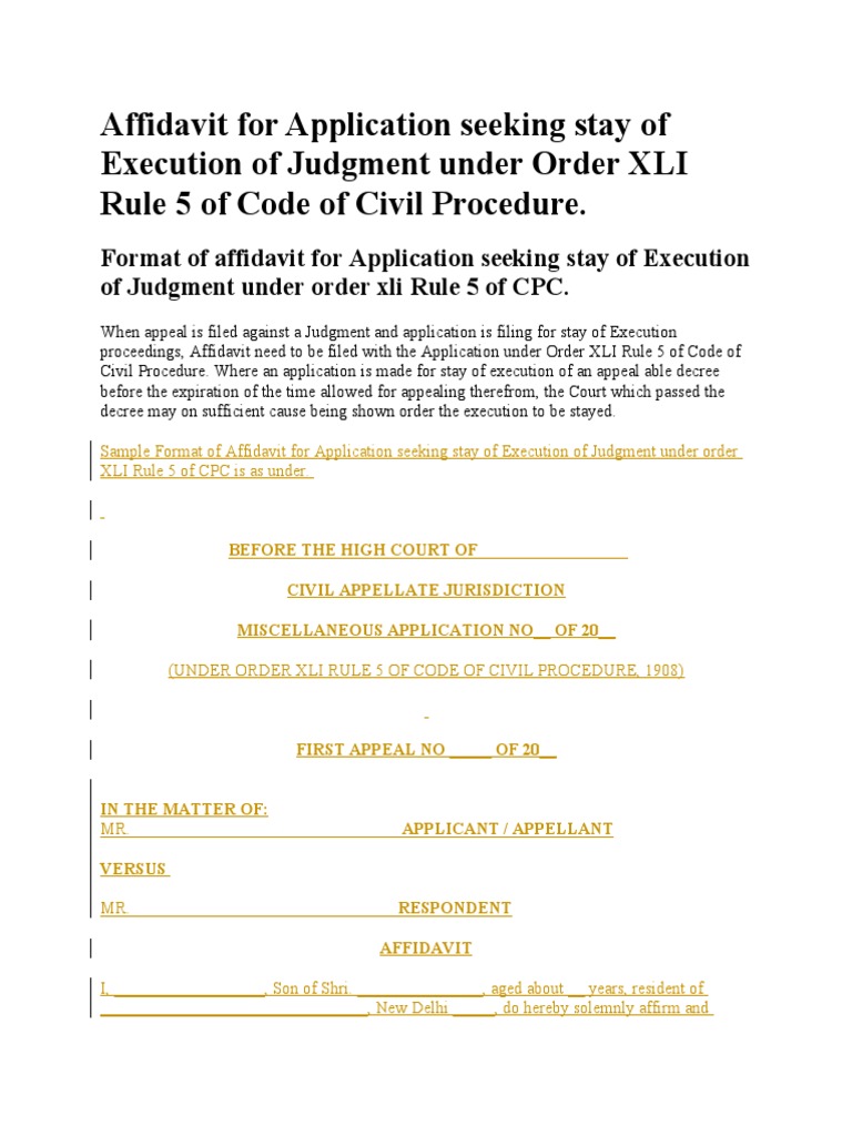 Stay Application Affidavit Format under CPC | PDF | Affidavit ...