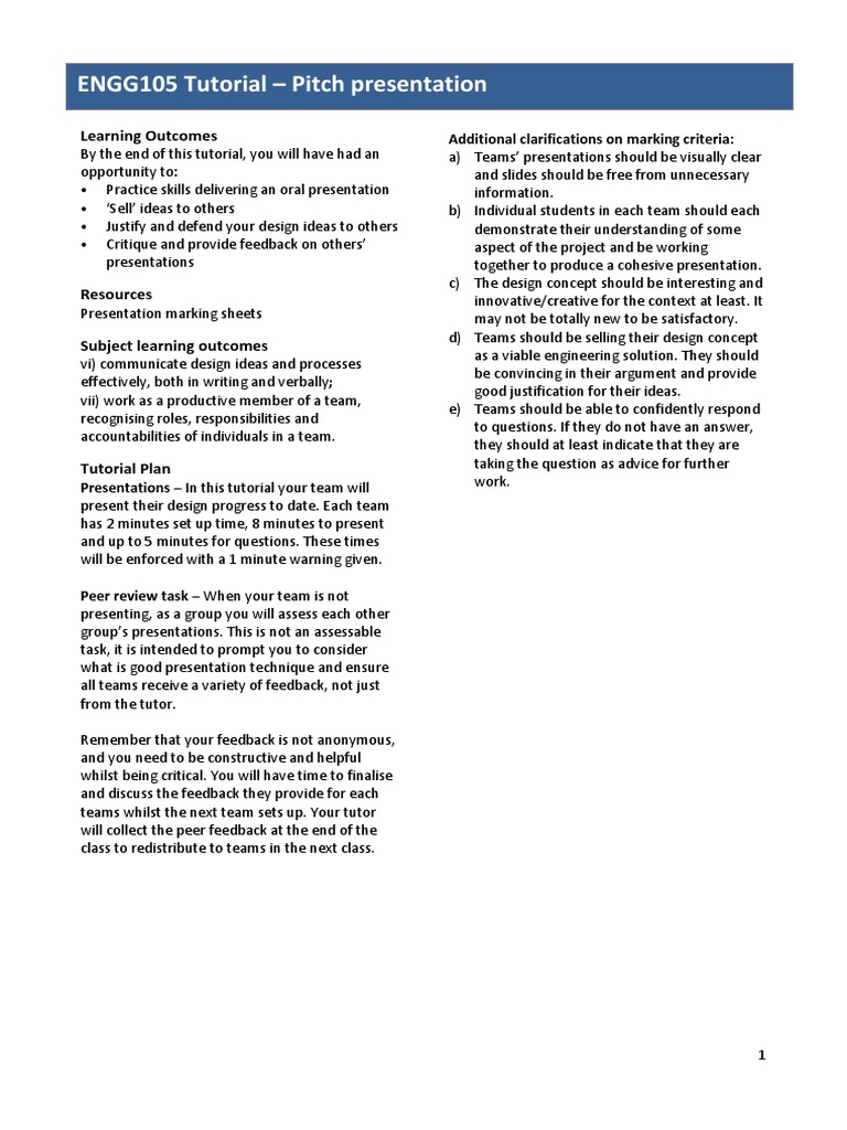 ENGG105 Pitch Presentation Guide | PDF | Design | Learning