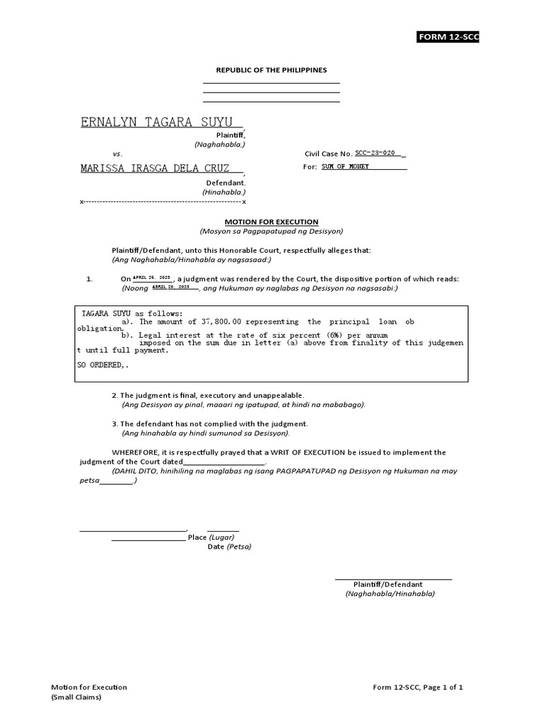 FORM 12 SCC Motion For Execution | PDF | Separation Of Powers | Legal Procedure