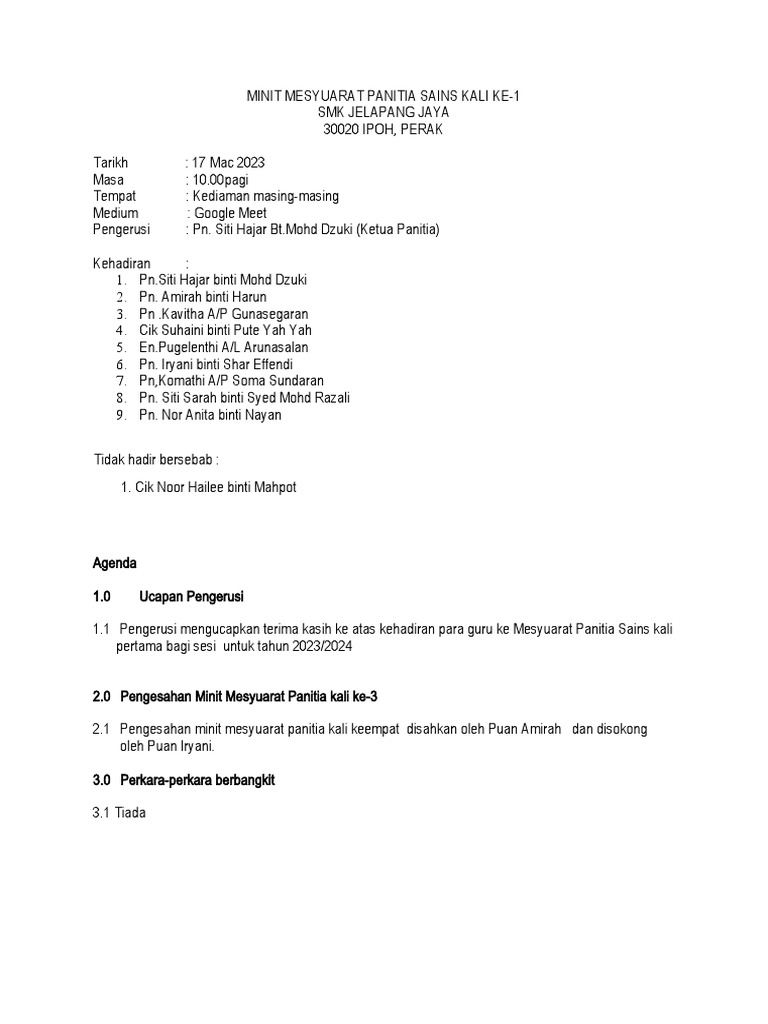 Minit Mesyuarat Panitia Sains Kali Ke-1 2023 | PDF