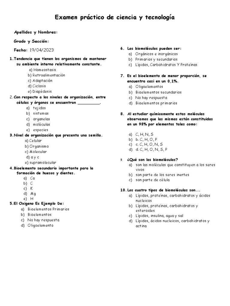 Examen Practico de Los Seres Vivos y Bioelementos | PDF