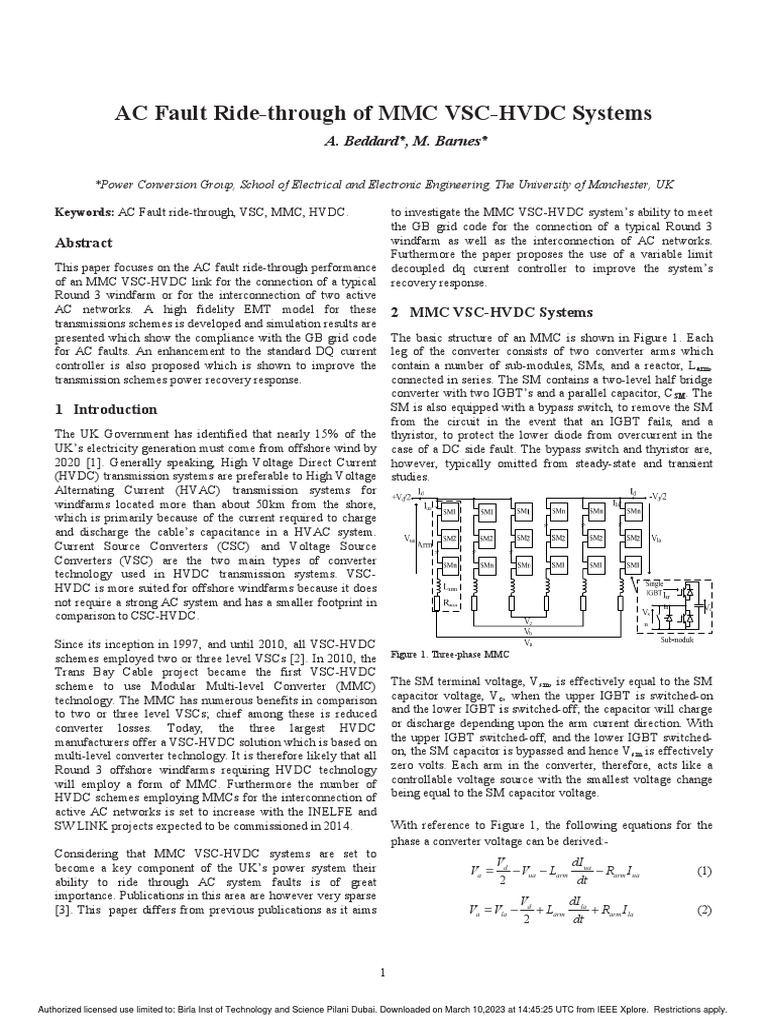 AC Fault Ride-Through of MMC VSC-HVDC Systems | PDF | High Voltage Direct Current | Alternating ...