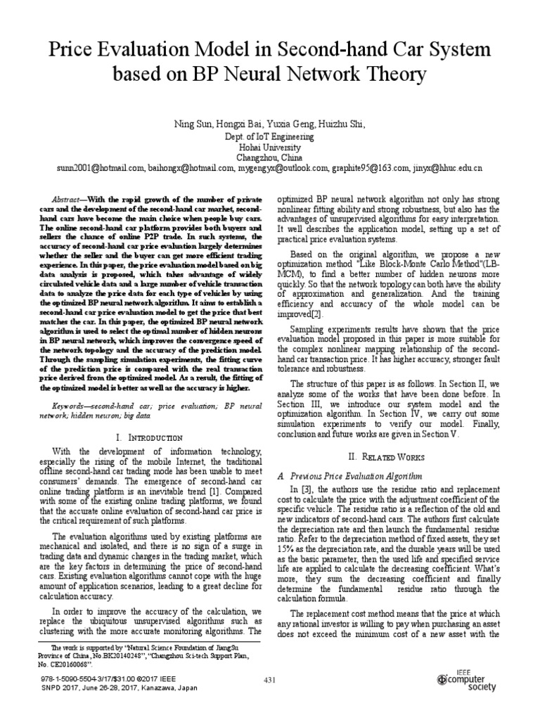 Price Evaluation Model in Second-Hand Car System Based On BP Neural Network Theory | PDF ...