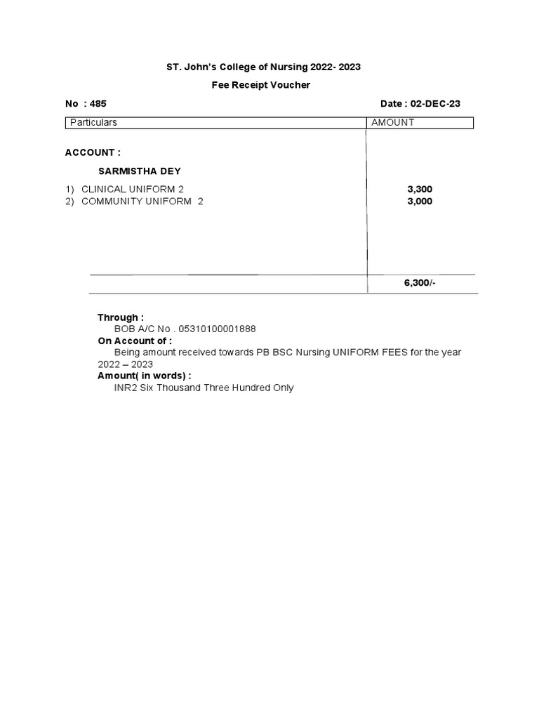 ST John's College of Nursing Fees Receipt | PDF