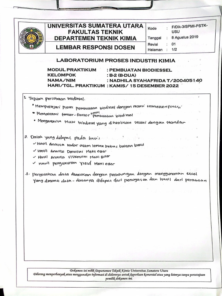 Nadhila Syahfrida T - Kelas B - Responsi Dosen Modul Biodiesel | PDF