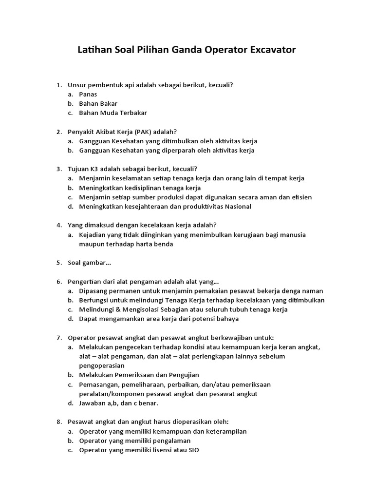 Latihan Soal Pilihan Ganda Operator Excavator | PDF