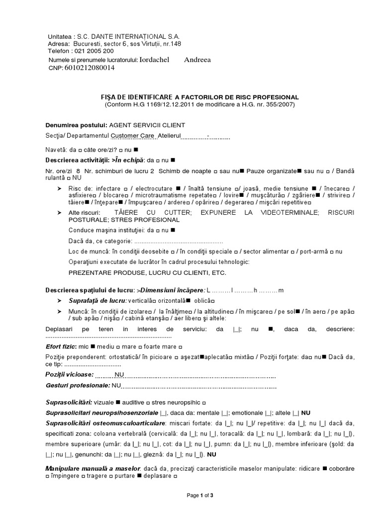 Fisa de Risc Agent Servicii Client - Iordachel Andreea | PDF