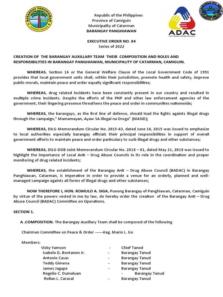 2022 -Executive Order - BADAC - barangay auxillary team | PDF | Drug ...