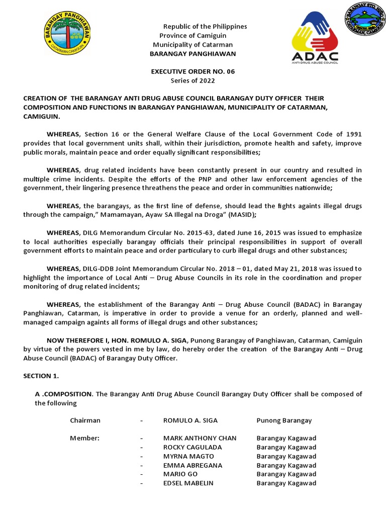 2022 - Executive Order - BADAC - BDO | PDF | Substance Abuse | Government