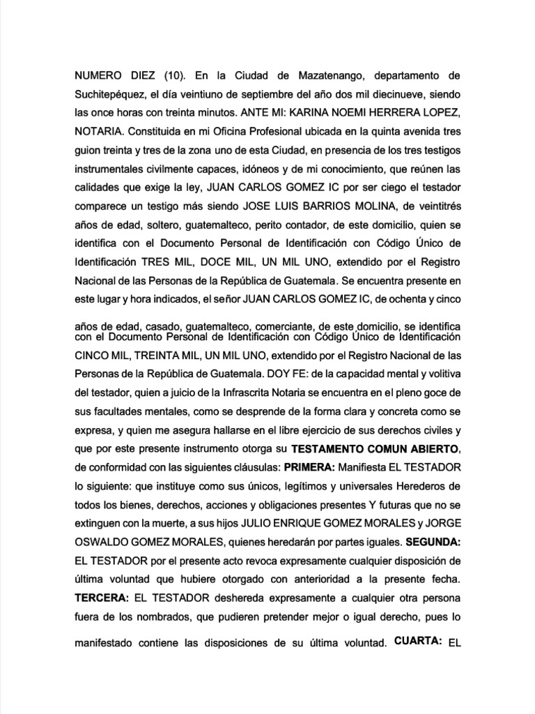 PDF Testamento Comun Abierto Testador Ciego - Compress | PDF | Voluntad ...
