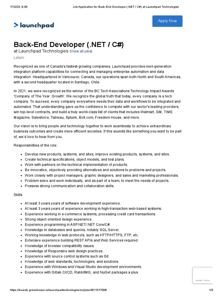 Job Application For Back-End Developer (.NET - C#) at Launchpad ...
