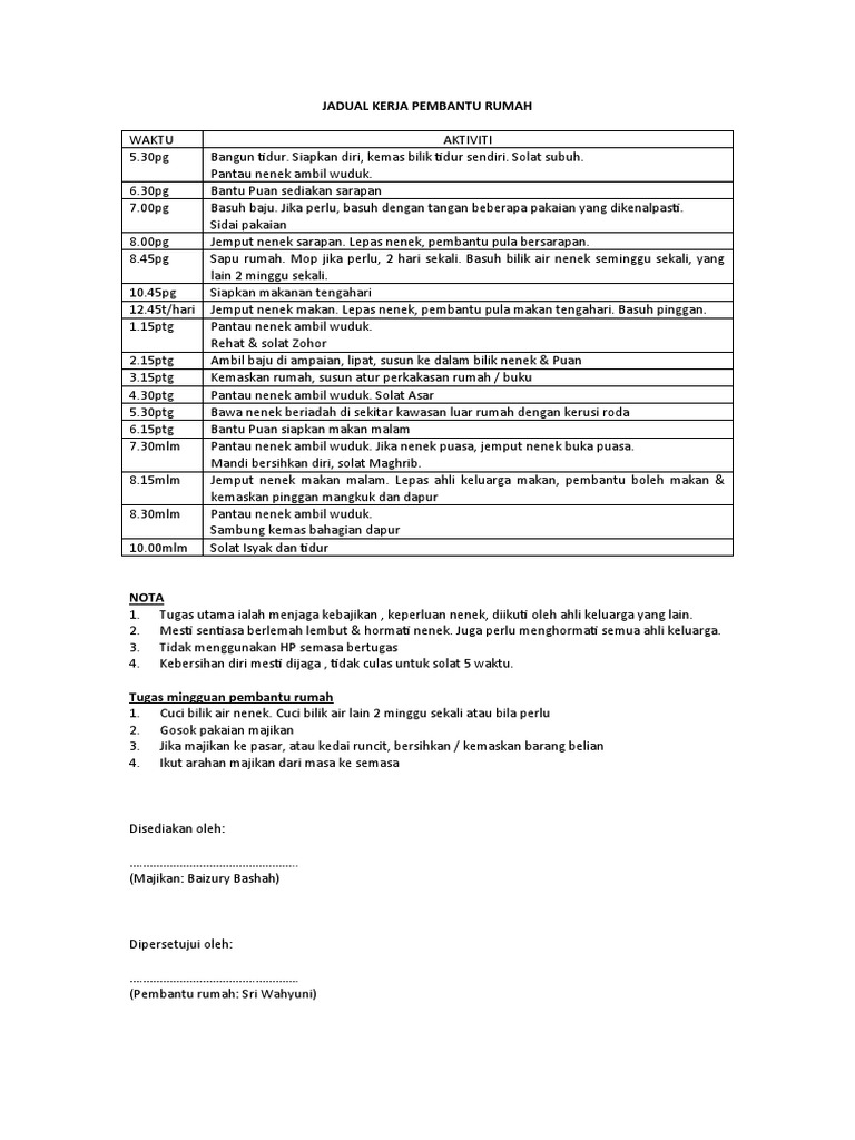 Jadual Kerja Pembantu Rumah | PDF