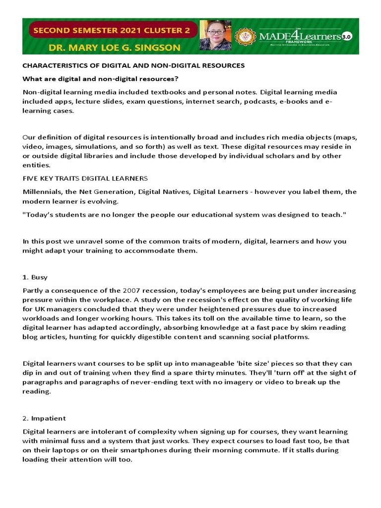 Notes For Topic 5 Characteristics of Digital and Non-Digital Resources ...