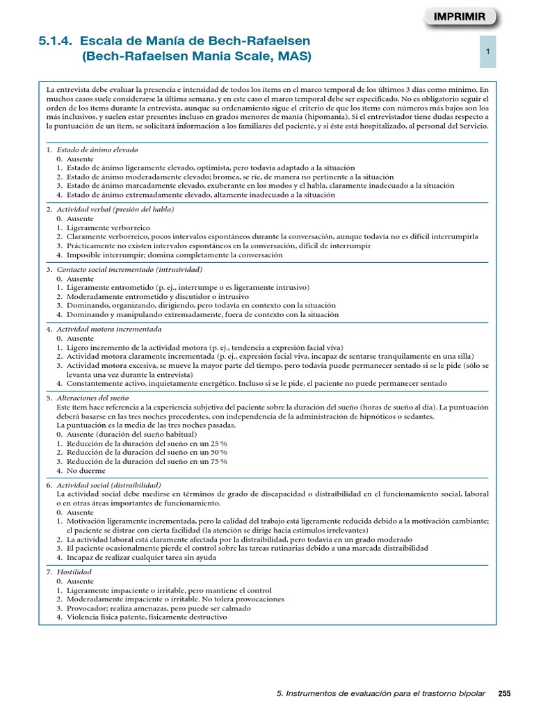 Escala de Manía de Bech-Rafaelsen (Bech-Rafaelsen Mania Scale, MAS) | PDF