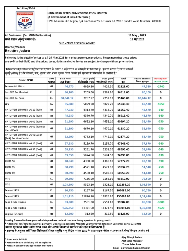 HPCL Price List | PDF