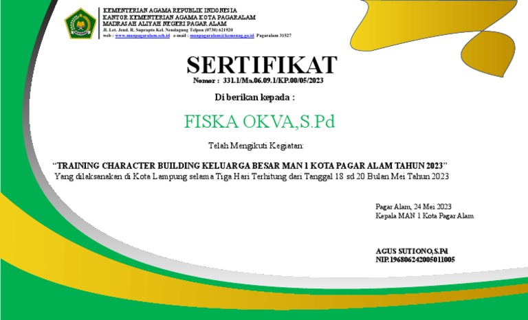 Sertifikat Training Pendidikan Karakter | PDF