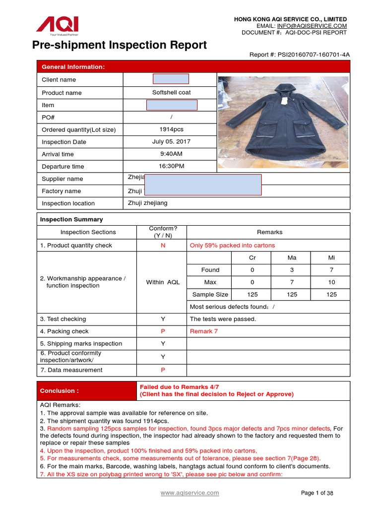 Sample Inspection Report For Garment Softshell Coat | PDF | Packaging ...