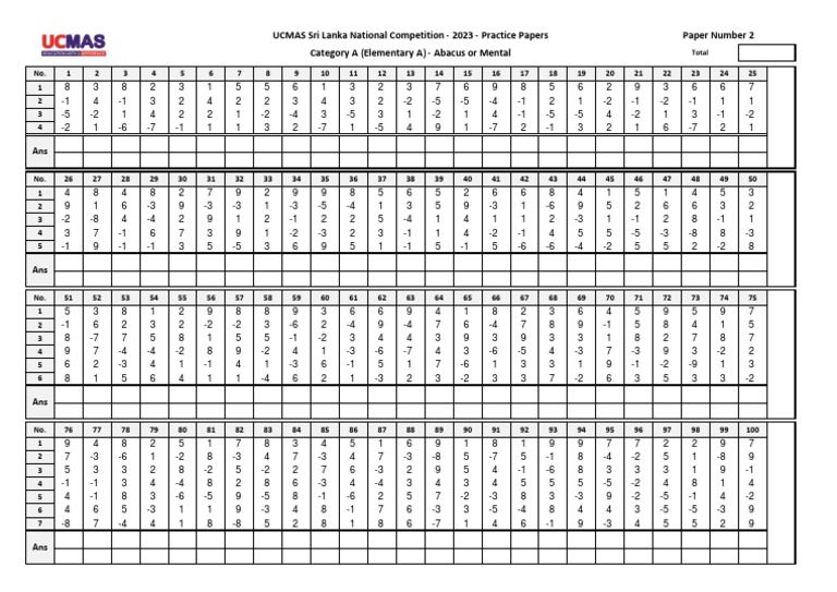 Paper Number 2 Category A (Elementary A) - Abacus or Mental UCMAS Sri ...