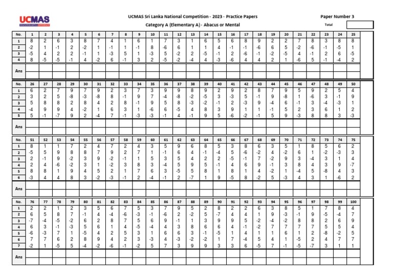 Paper Number 3 Category A (Elementary A) - Abacus or Mental UCMAS Sri ...