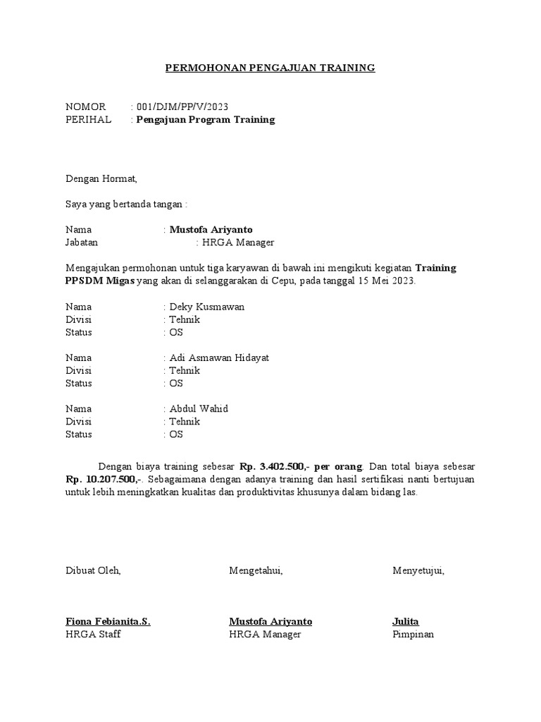 Permohonan Pengajuan Training Cepu | PDF
