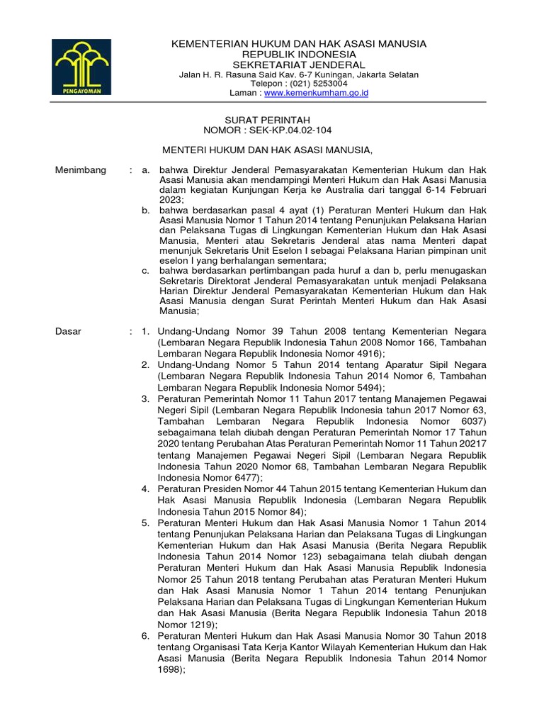 Surat Perintah Pelaksana Harian Kemenkumham | PDF | Politik | Hukum
