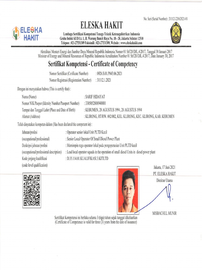 Sertifikat Kompetensi Operator Genset | PDF