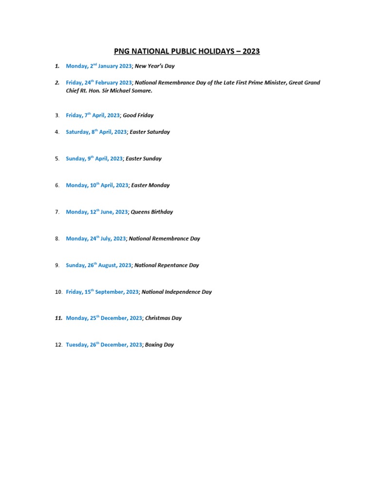 PNG National Public Holidays | PDF