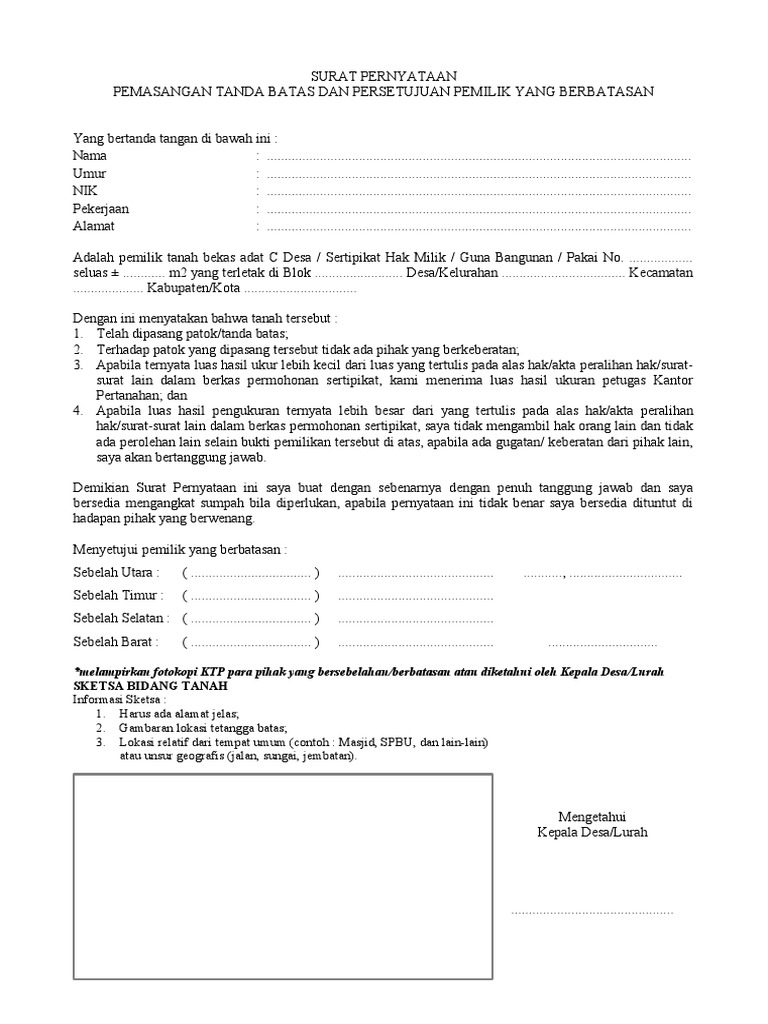 Surat Pernyataan Pemasangan Tanda Batas | PDF