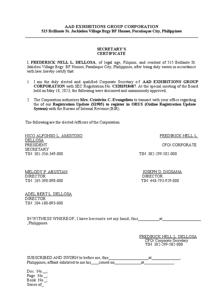 Secretarys Certificate AAD | PDF