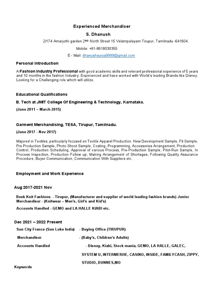 Dhanush CV | PDF | Textiles | Business
